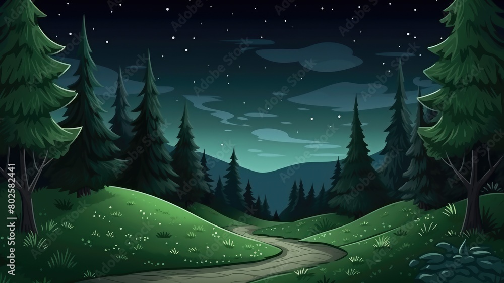 Enchanting cartoon illustration of a night forest landscape with a ...