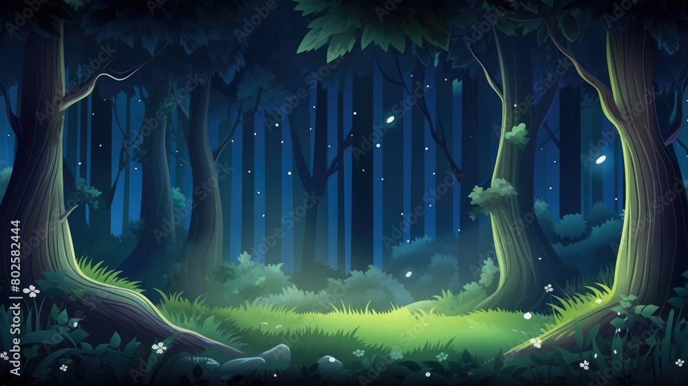 Enchanted forest cartoon illustration, aglow with fireflies under a ...