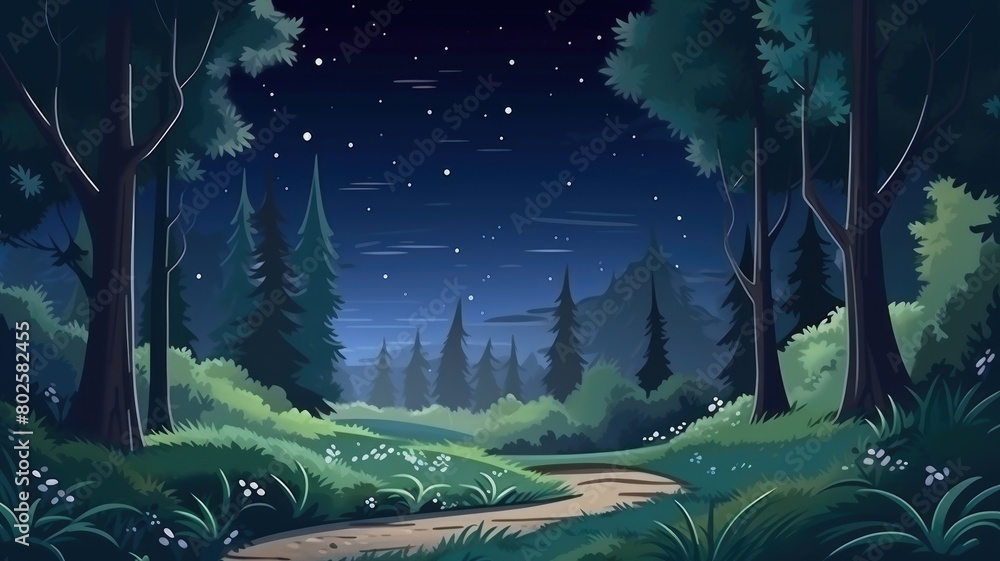 Enchanting cartoon illustration of a night forest landscape with a ...