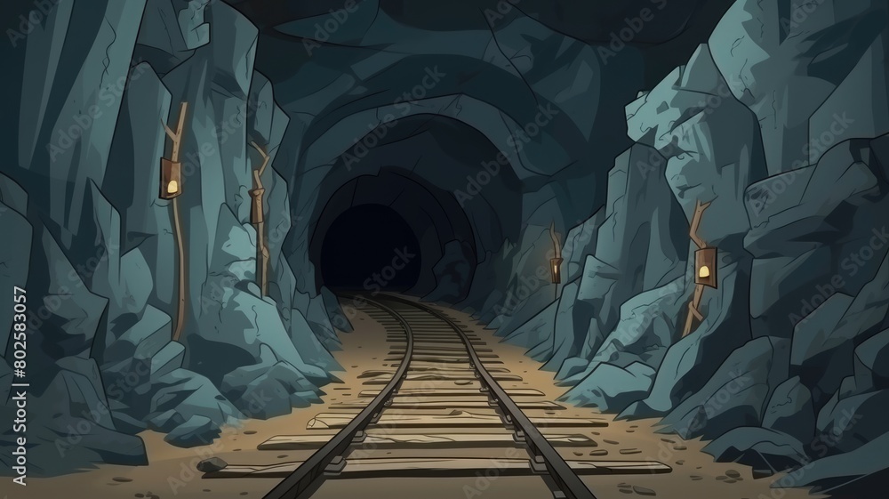 Cartoon illustration of a mine tunnel entrance with a railway leading ...