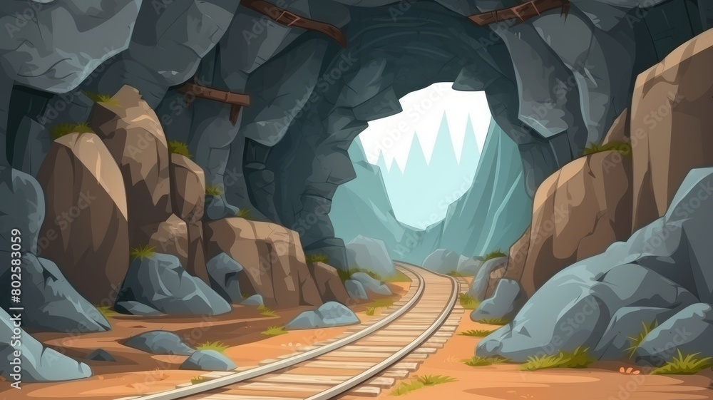 Cartoon illustration of a mine tunnel entrance with a railway leading ...