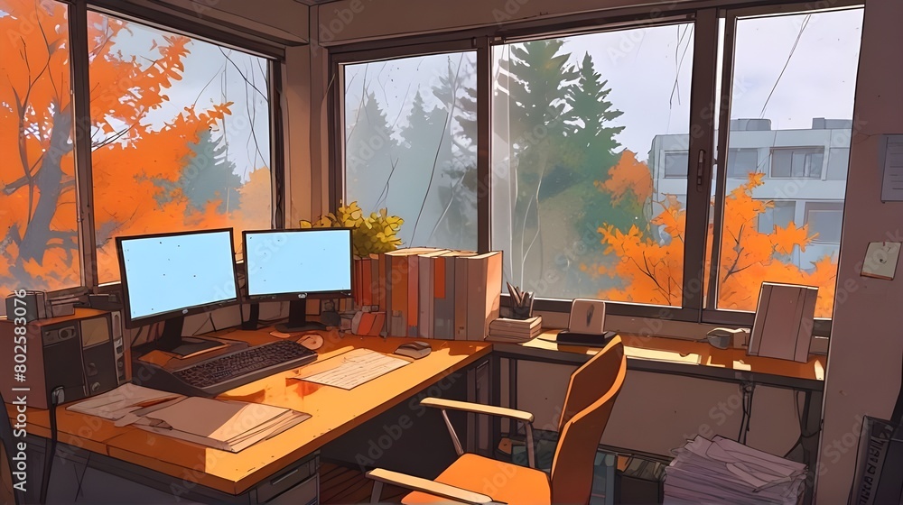 Calm Lofi Messy Desk: Empty Interior in Anime Manga Style with Colorful ...