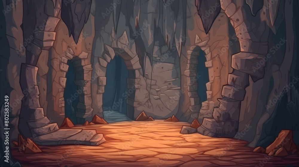 Cartoon illustration of a mystical dungeon with eerie torchlight and ...