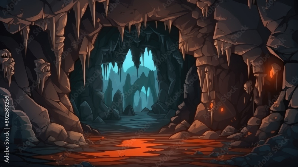 Cartoon illustration of a mystical dungeon with eerie torchlight and ...