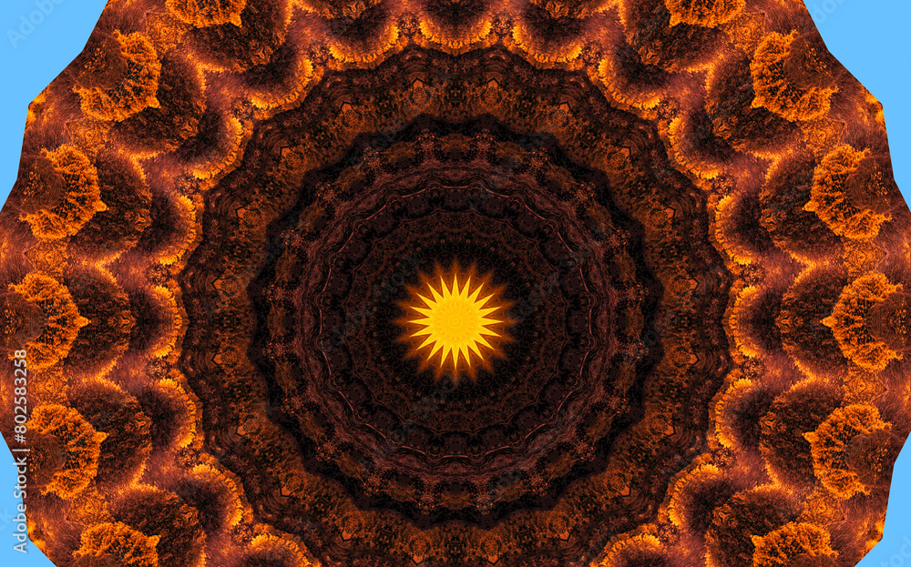 Abstract, symmetrical, complex design with a yellow starburst at its ...