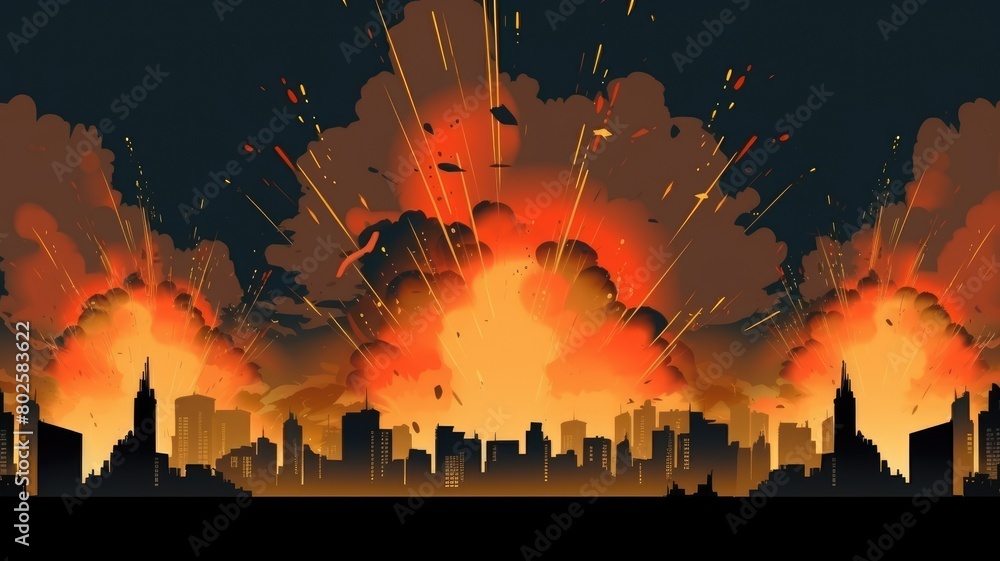 Vivid cartoon illustration of a city ablaze, capturing the chaos and ...