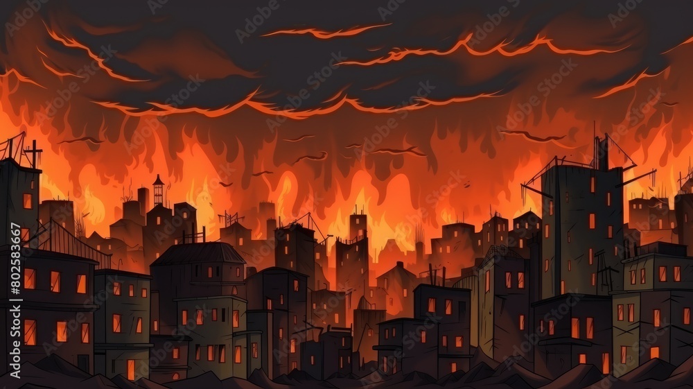 Intense cartoon illustration of a city ablaze, with buildings engulfed ...