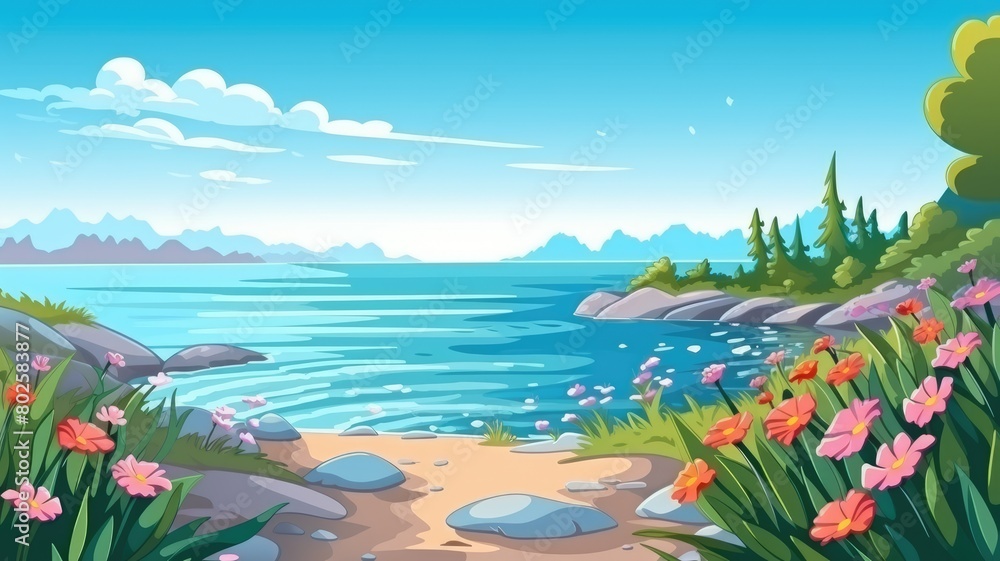 Idyllic cartoon illustration of a summer landscape with vibrant ...