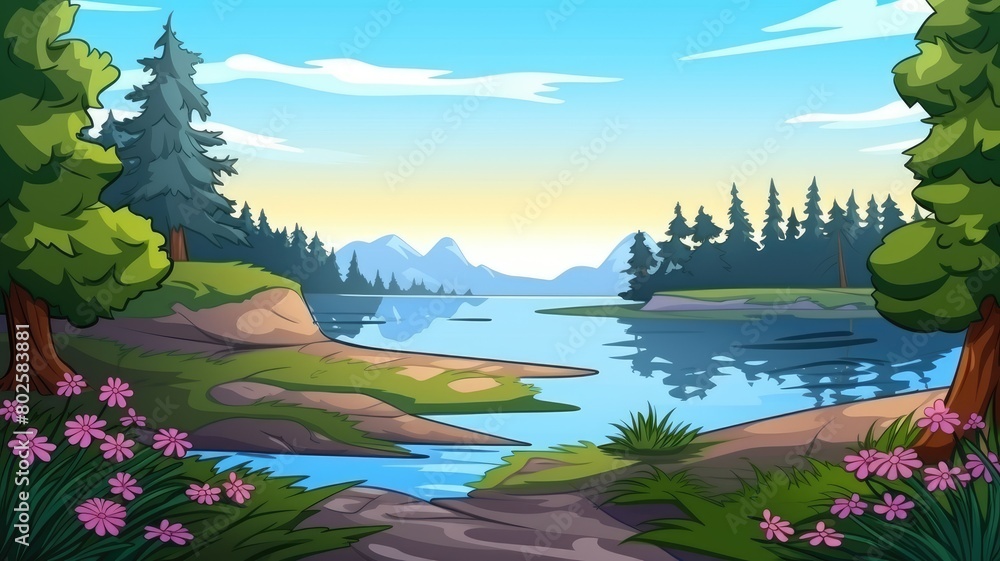 Idyllic cartoon illustration of a summer landscape with vibrant ...