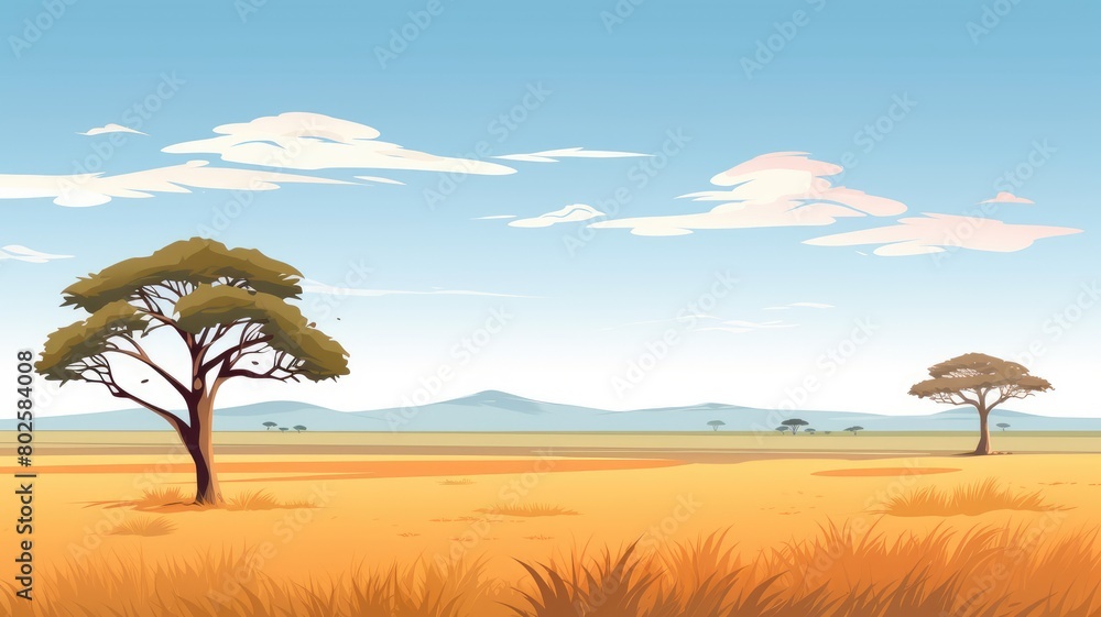 Sunny African savannah with acacia trees and expansive grasslands ...