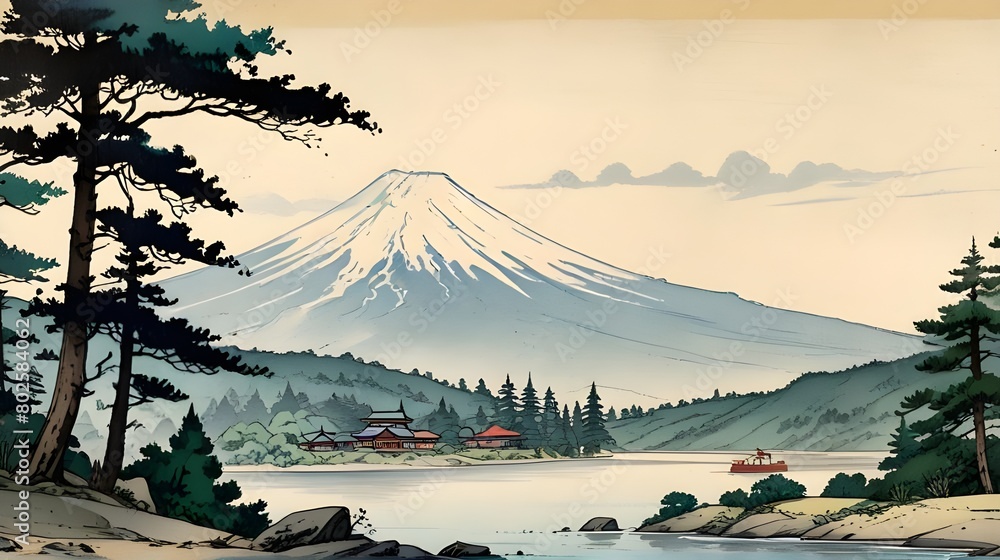 "Vintage Ukiyo-e Art: Mount Fuji and Japanese Temples in Old Japanese ...