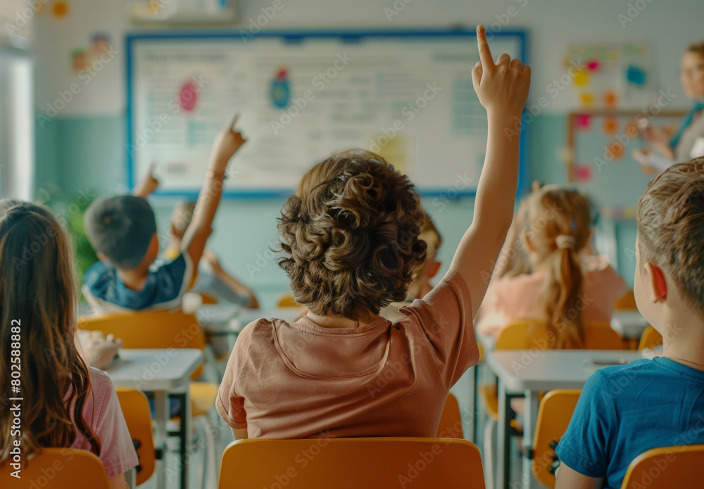 Back of students, classroom and raise hands for questions, education or ...