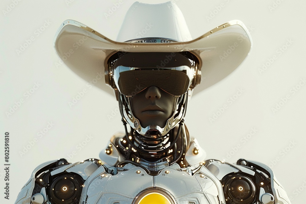 A cyberpunkinspired robot wearing a cowboy outfit, embodying a fusion ...