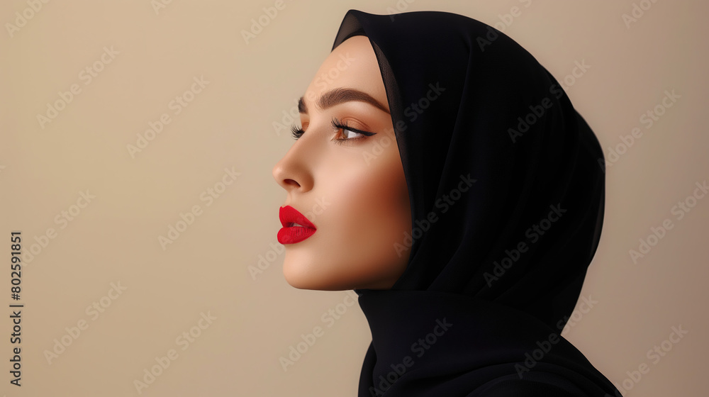 beautiful hijabi girl wearing black abaya and red lipstick, posing in ...