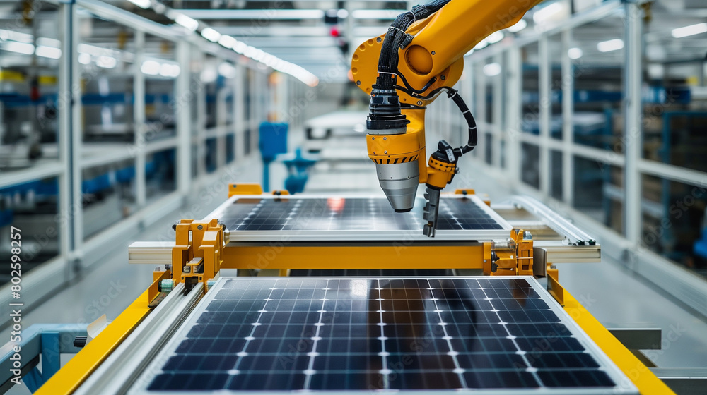 modern AI robotic arm working on solar panels production assembly line ...