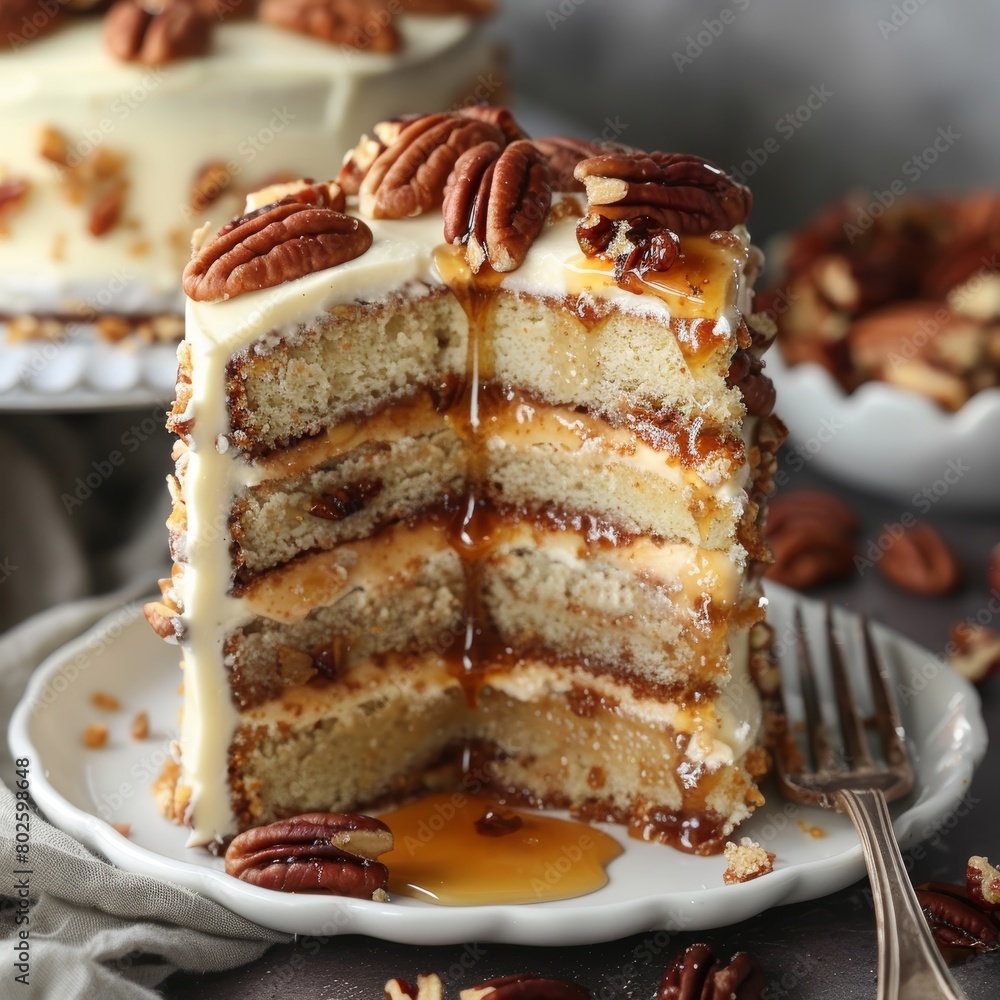 Pecan Pie Layer Cake consists of three fluffy layers, each separated by ...