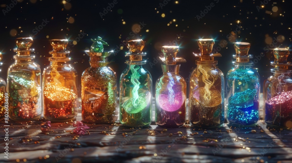 A collection of ancient vials holding iridescent fairy dust each one ...