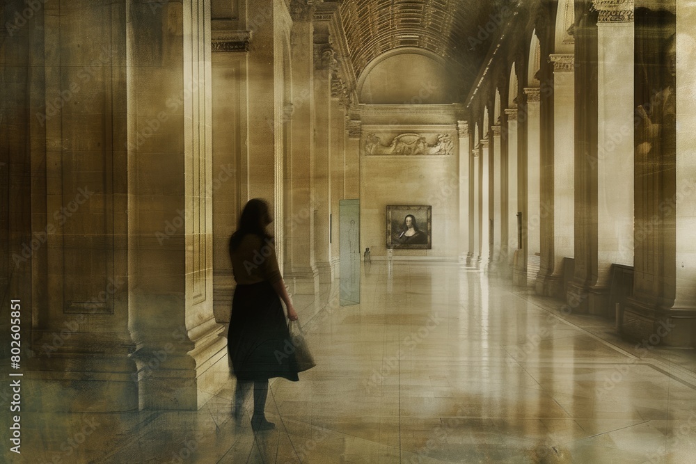 Back view of energetic woman walking in hall way and enjoy looking at ...
