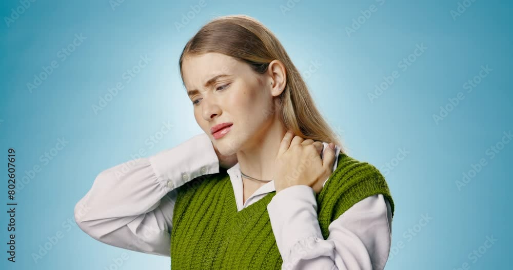 Neck pain, stress and woman in studio with joint, tension and muscle ...