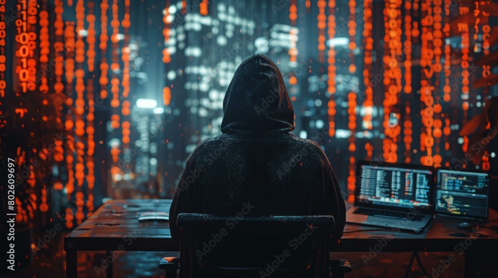 Anonymous cybercriminal, obscured in the shadows, orchestrating a cyberattack, backdrop of coded ...