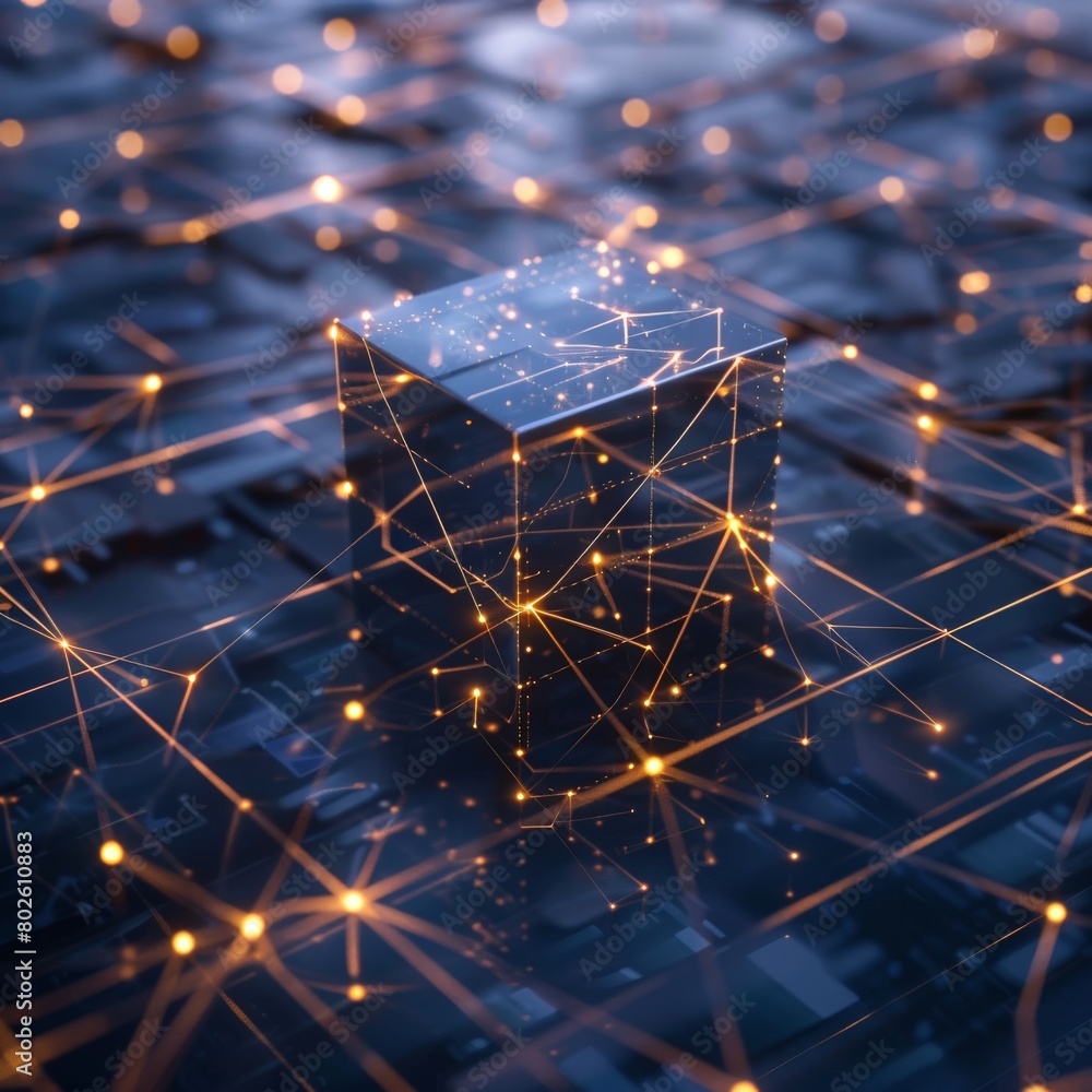 The image shows a glowing cube on a grid background. The cube is connected to several points on ...