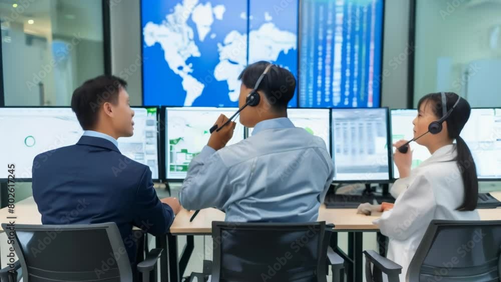 Security personnel monitor multiple surveillance camera feeds in a high ...