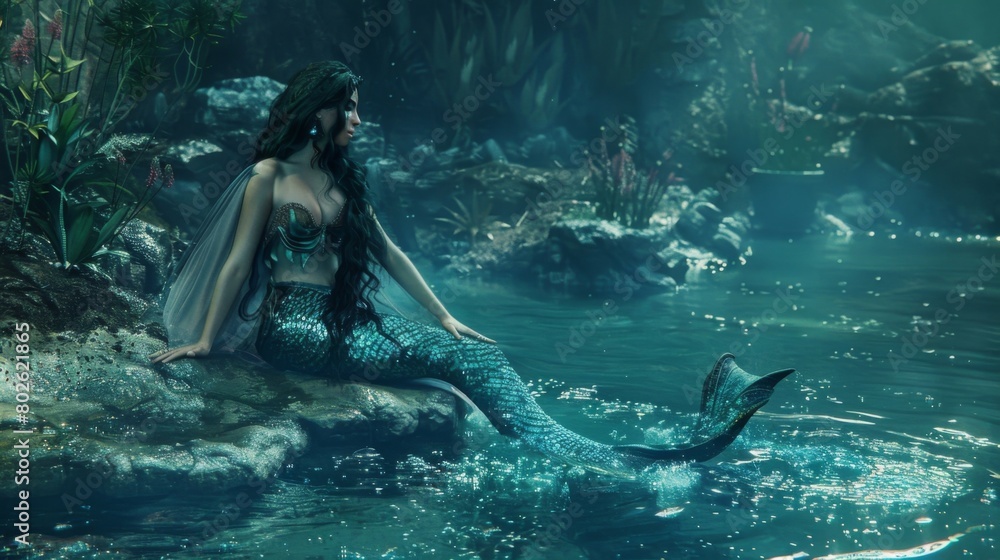 In a secret cove by the ocean a mermaid with shimmering fins sings a ...