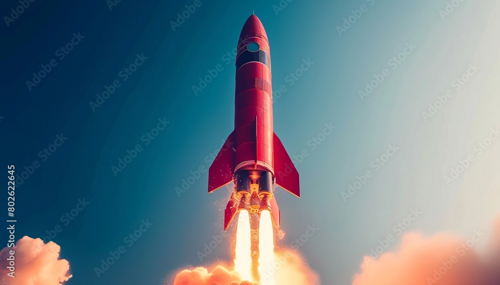 Picture of red rocket with flames at its base ready to ascend into sky ...