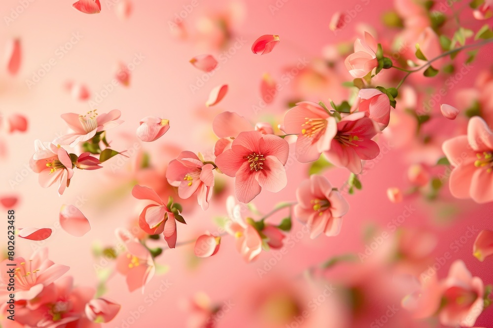 Fresh quince blossom, beautiful pink flowers falling in the air ...