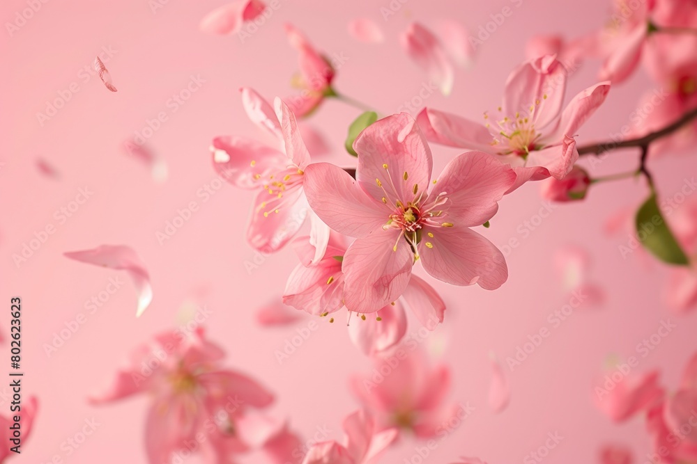 Fresh quince blossom, beautiful pink flowers falling in the air ...