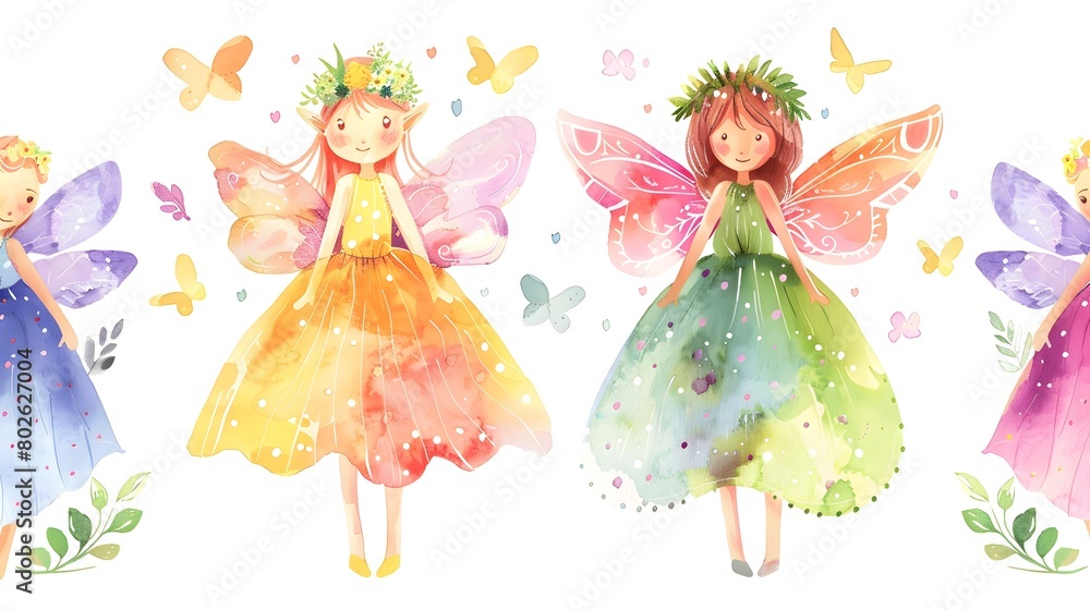 Garden Fairies Set: Whimsical characters in colorful dresses with wings ...