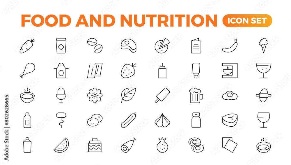 Fruits and Nutrition line icons collection. Big UI icon set in a flat ...