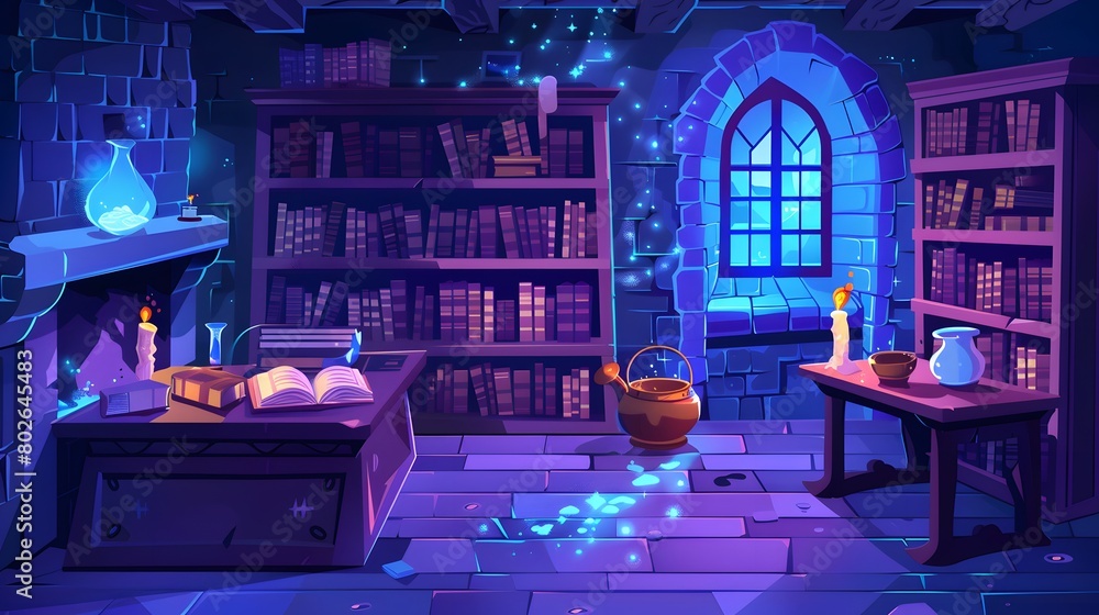 Wizard Magic School Room with Witch's Book and Potion in a Cartoon ...
