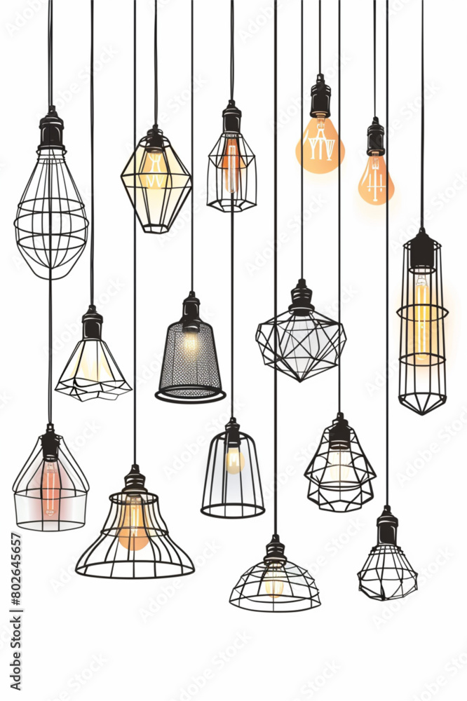 Loft lamps collection and lampshades in one line drawing. Vector ...