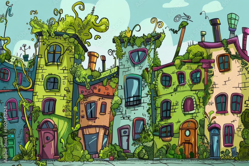 Cartoon cute doodles of a world where plants have taken over and ...