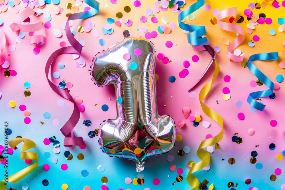 Number 1 happy birthday background. Foil party balloon with confetti ...