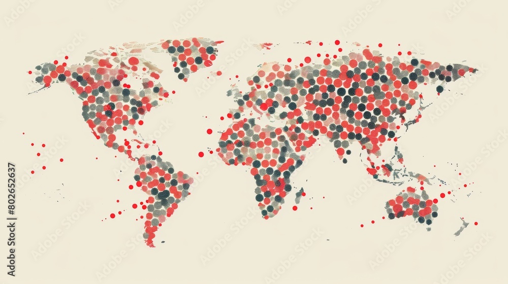 A visual representation of a world map with red dots tered all over each representing a ...
