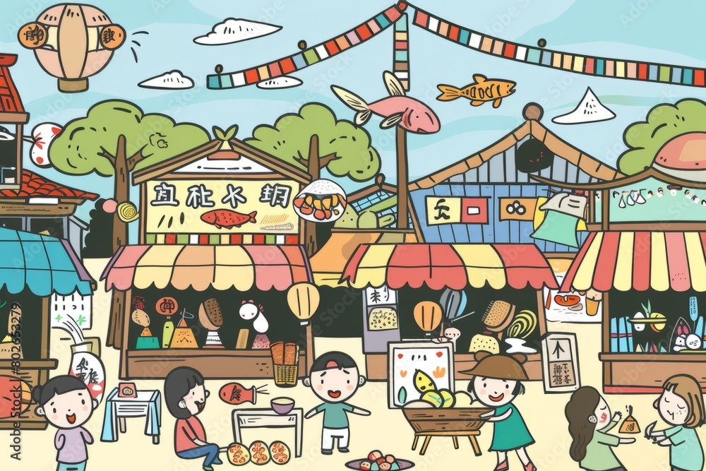 Cartoon cute doodles of a lively matsuri (festival) where characters ...
