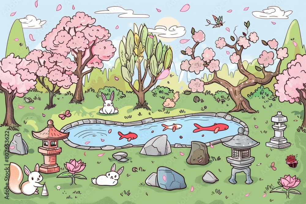 Cartoon cute doodles of a peaceful Japanese garden with cherry blossom ...