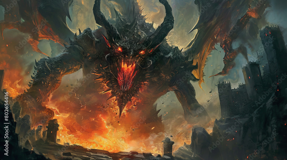 Infernal Convergence: A Vivid Oil Painting Depicting a Demonic Figure ...