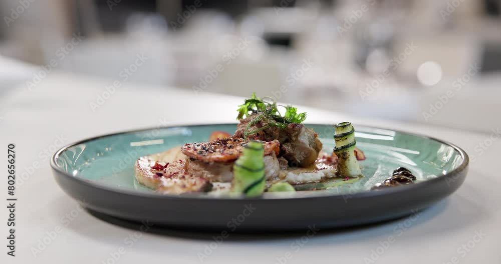 Luxury, restaurant and plate of steak or meat on gourmet fine dining ...