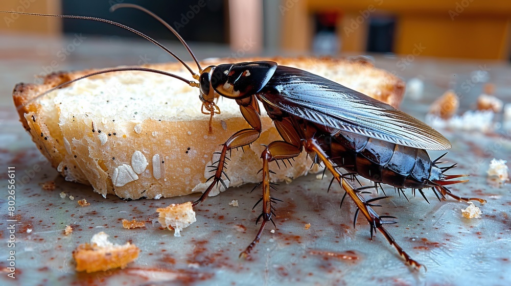 In this detailed image, a brown cockroach with long antennae is perched ...
