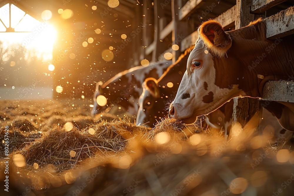 Portrait of a group of cow eating hay under a cow shade in cow farm ...