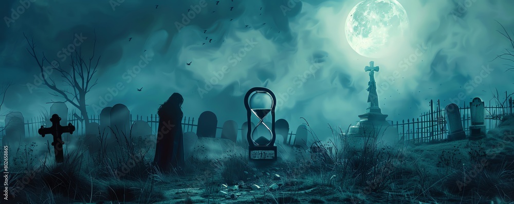 An eerie tableau of a human standing at a graveyard with an hourglass ...