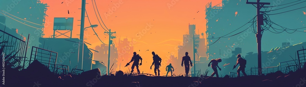Zombie apocalypse scene in 2D style, featuring multiple zombies in a ...