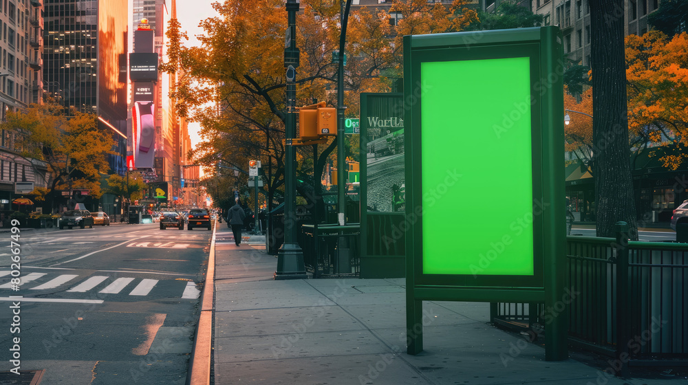 Bus stop in New York city with vertical digital OOH mockup with green ...