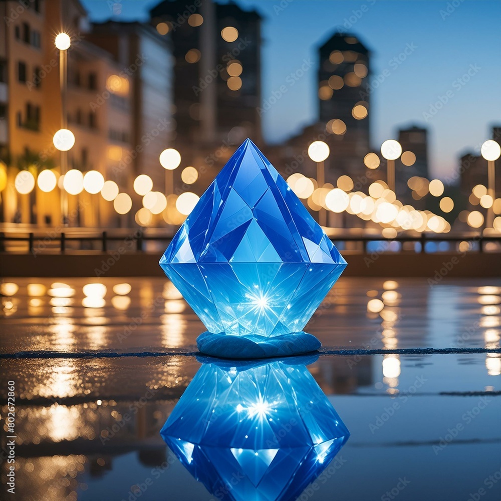 diamond in the night.a glowing blue crystal set against a backdrop of ...
