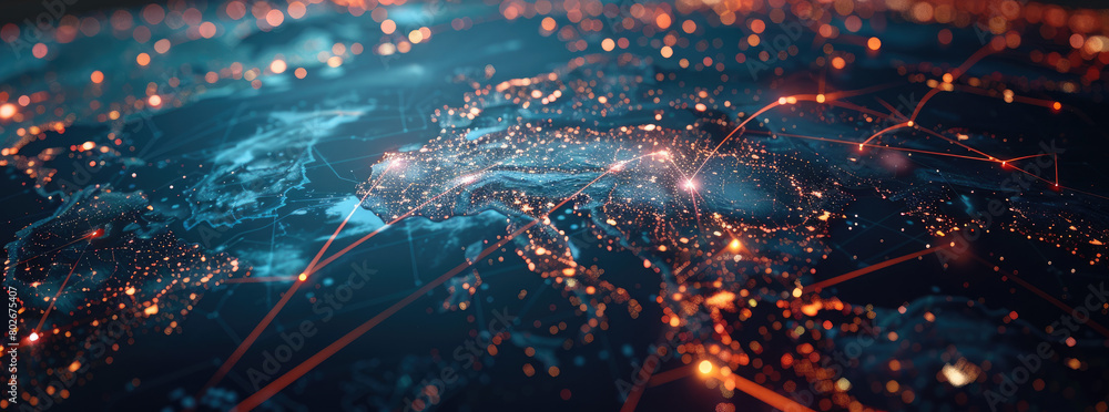 Global Network Map with connecting lines, screens with landmarks ...