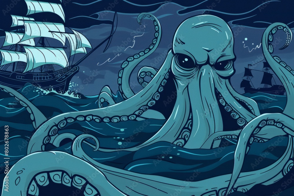 Cartoon cute doodles of a fearsome kraken rising from the depths of the sea, its tentacles ...