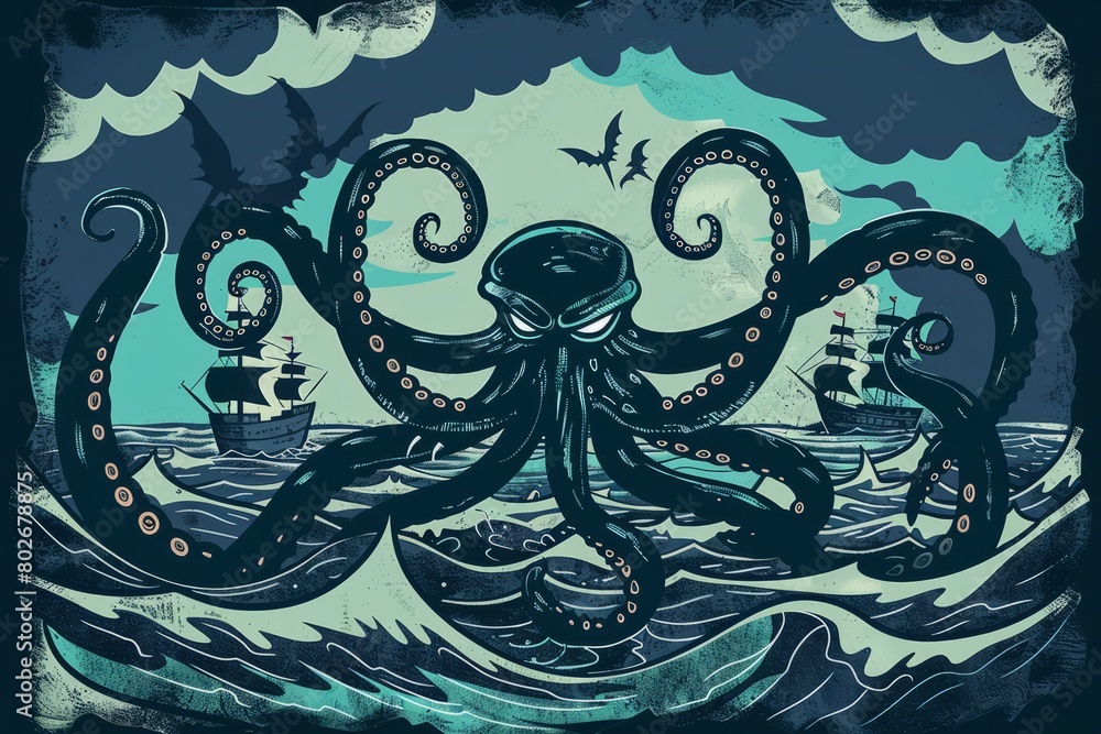 Cartoon cute doodles of a fearsome kraken rising from the depths of the sea, its tentacles ...